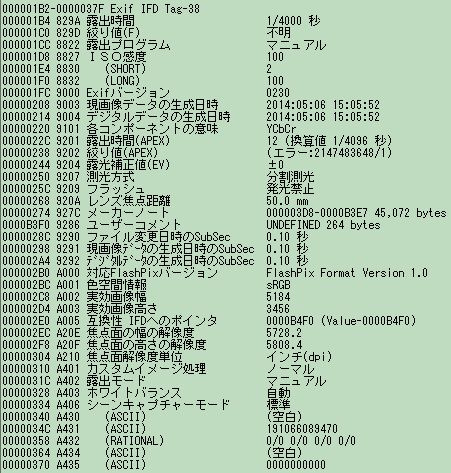 CR2形式のRawデータを読み取ってみる その3 IFD0とExif IFD